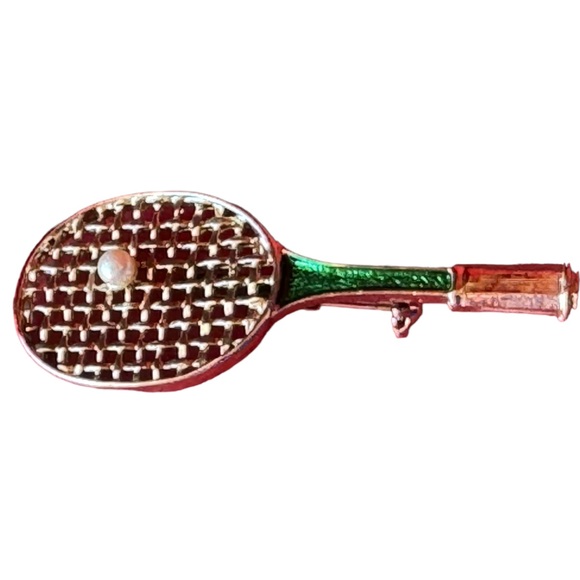 Jewelry | Vintage Mid Century Goldtone Green Inlay Tennis Racket Pin ...